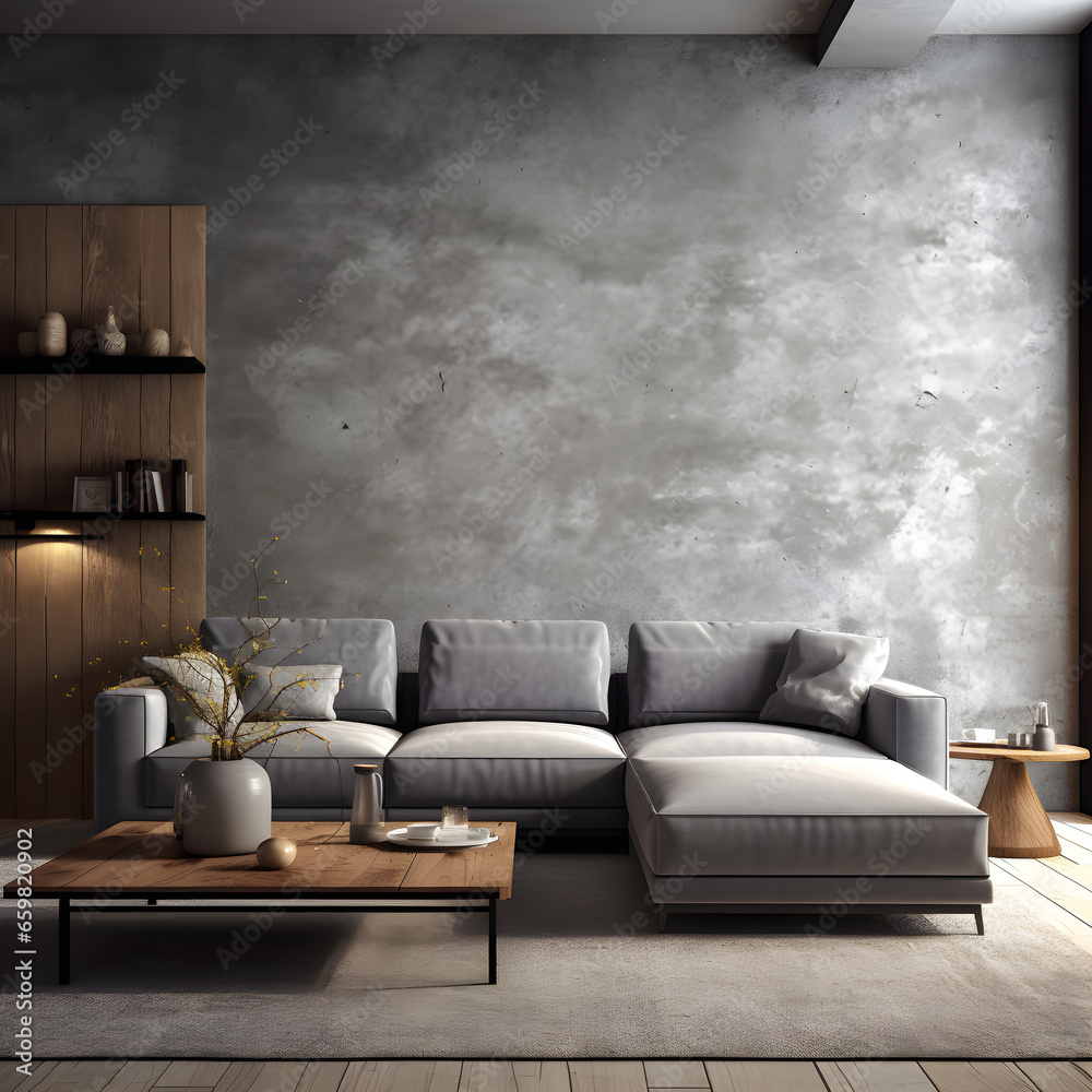 Minimalist interior design of modern living room with huge corner gray ...