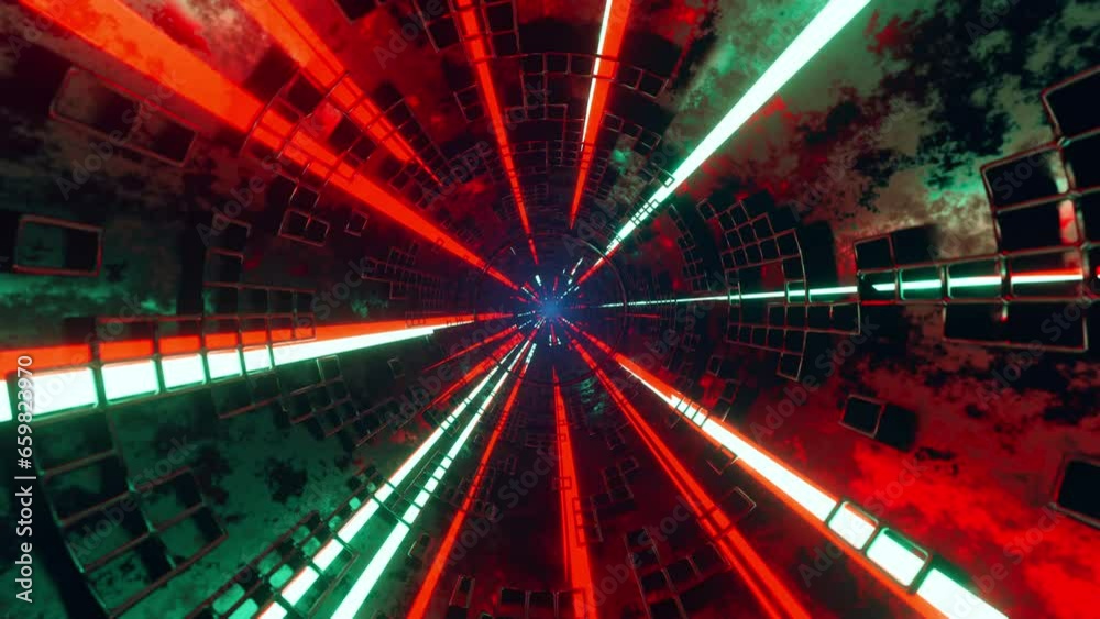 VJ loop animation. Flying camera in a tube with many red, green, white ...