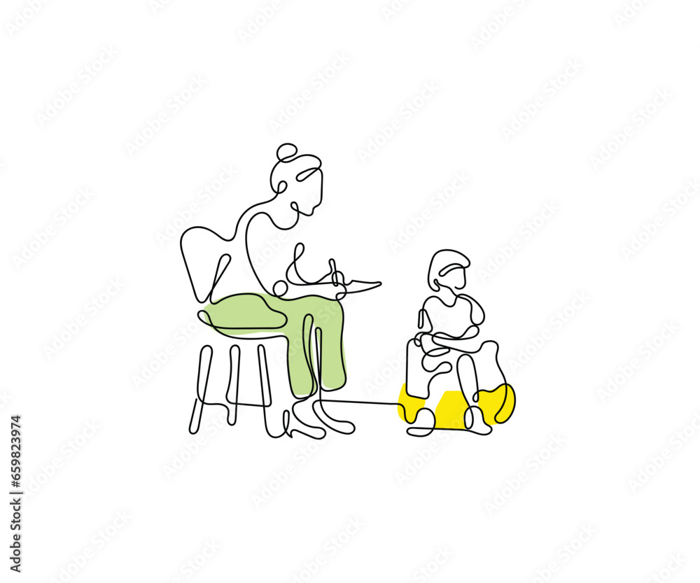 Continuous line art of a school counselor in a session with a kid ...