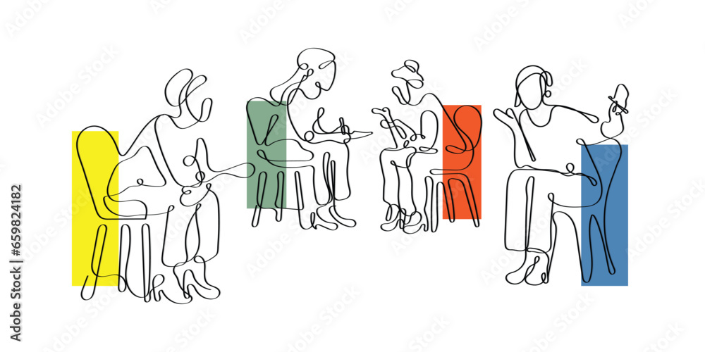 Continuous line art of a school counselor in a session with a kid ...