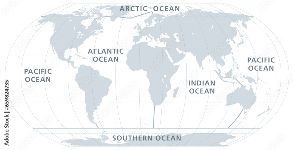 The five oceans of the world, gray map. Model of oceanic divisions with ...