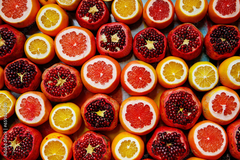 Fresh pomegranate and oranges at the Grand Bazaar, Istanbul. Flatlay ...