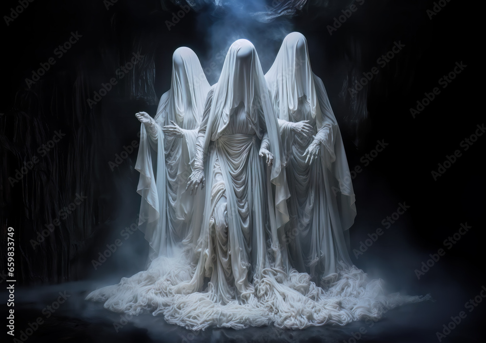 three female ghosts wrapped in bed sheets on a gloomy black background ...