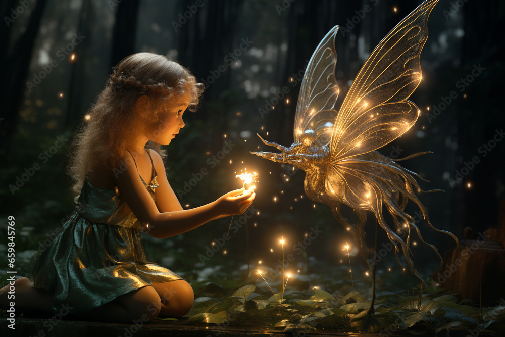 Child meets the tooth fairy at night and gives the elf the milk tooth ...