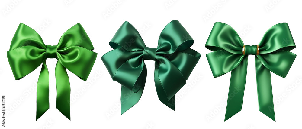 Set Realistic shiny green bow and satin ribbon isolated on transparent ...