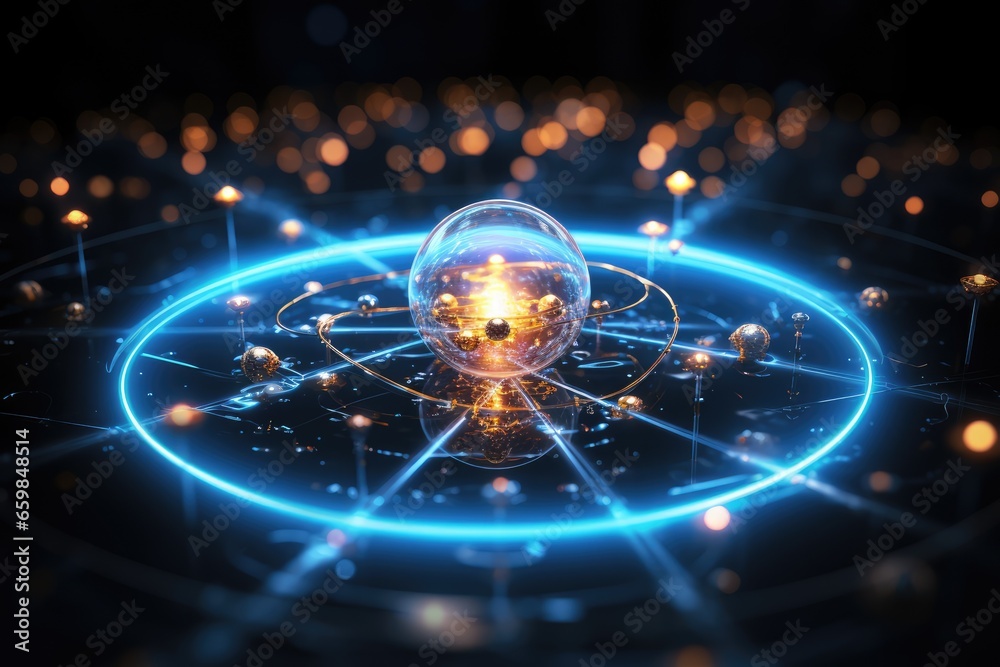 Atomic particles in a 3D illustration. Quantum Physics concept Stock ...