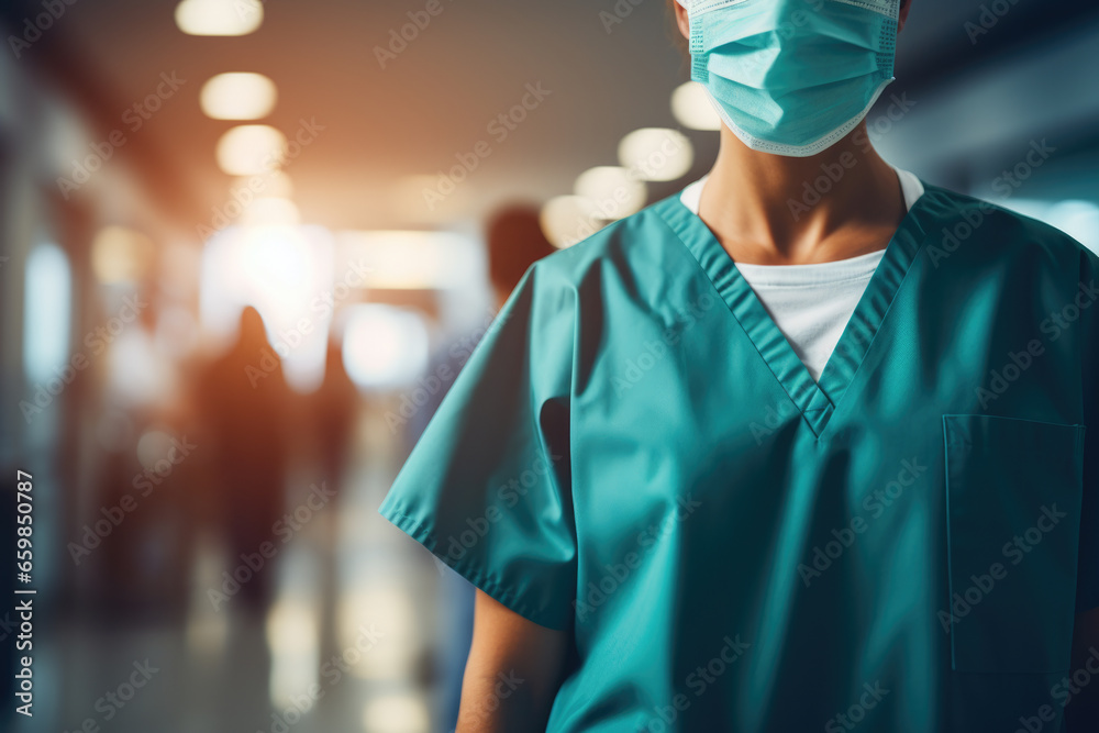 Woman wearing surgical mask walks down hospital hallway. This image can ...