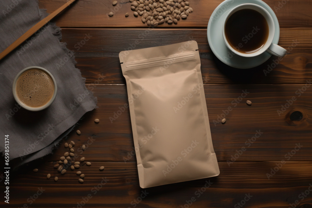Blank coffee packaging on a wooden table with coffee seeds, cup with ...