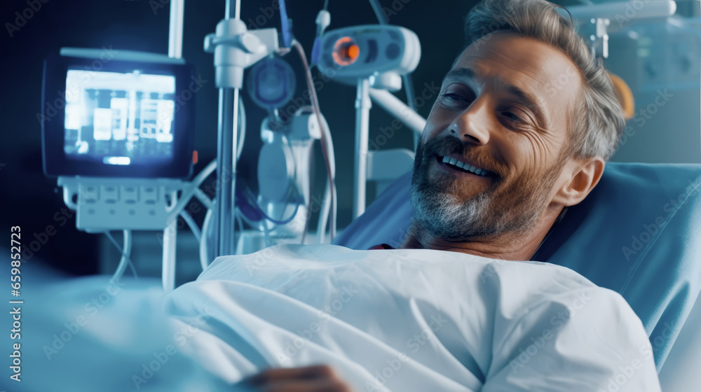 Sick Male Patient in recovery with Heart Rate Monitor Equipment ...