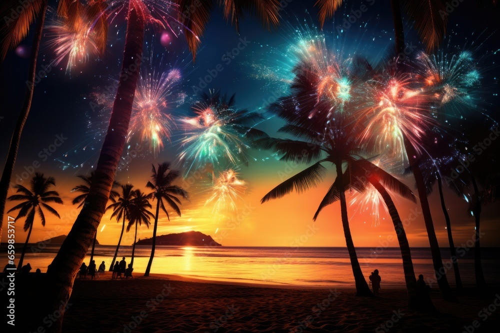 Colorful fireworks explode through tall palm trees in the sky above the ...