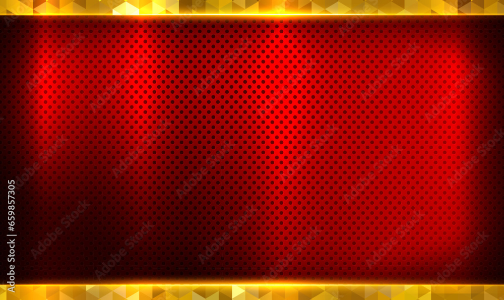 Red metal perforated technology background with shiny metallic gold ...