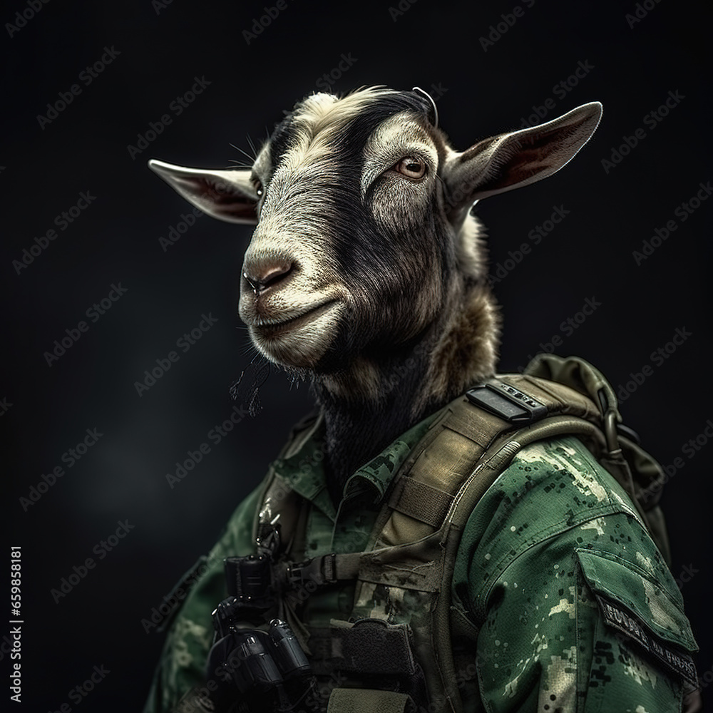 Portrait of a goat dressed in a tactical military outfit on a clean ...