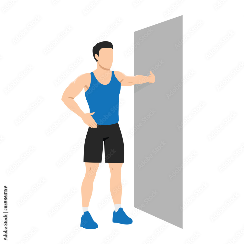 Man doing Chest stretch exercise on a wall. Standing one arm chest ...