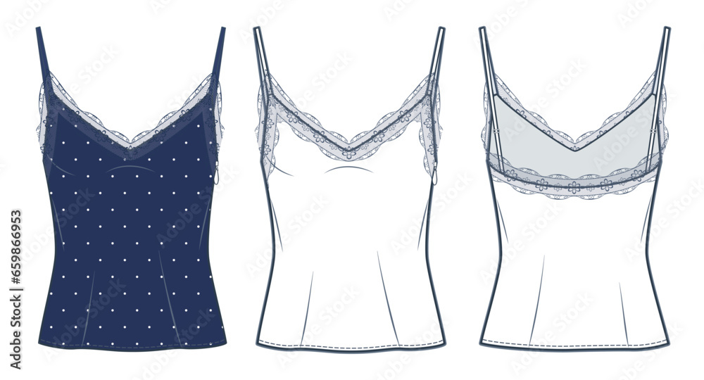 Lace Tank Top technical fashion illustration, polka-dot design. Strap ...