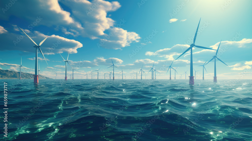 Ocean Wind Farm. Windmill farm in the ocean. Offshore wind turbines in ...