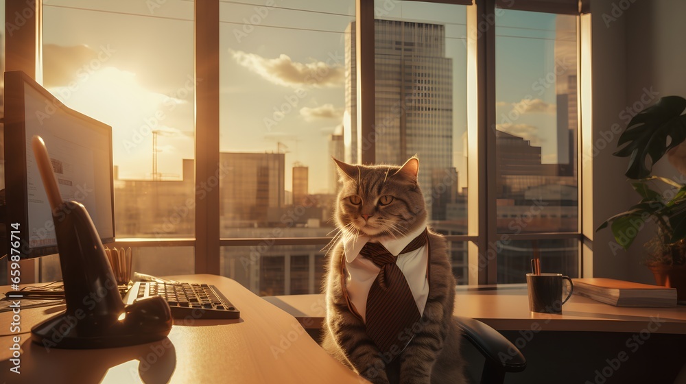 Office with serious cat dressed in a corporate clothing and tie. Home ...
