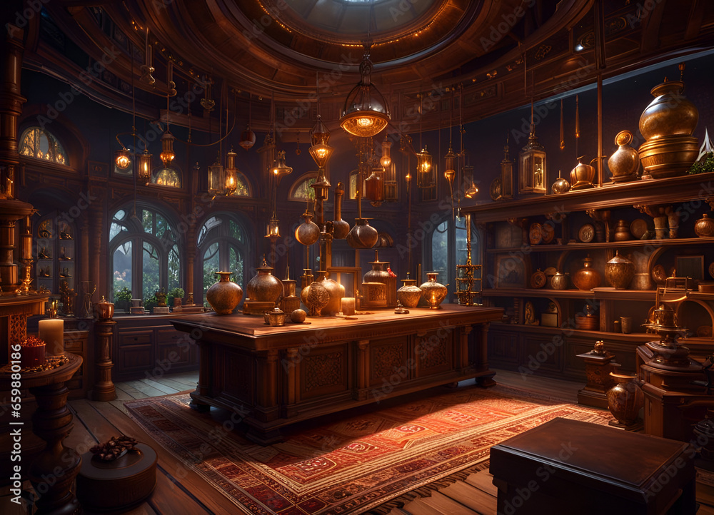 Alchemist lab. A strange room of curiosities filled with lots of ...