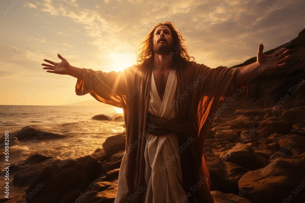 Jesus Christ reaching out with open arms in the sky. AI generative ...