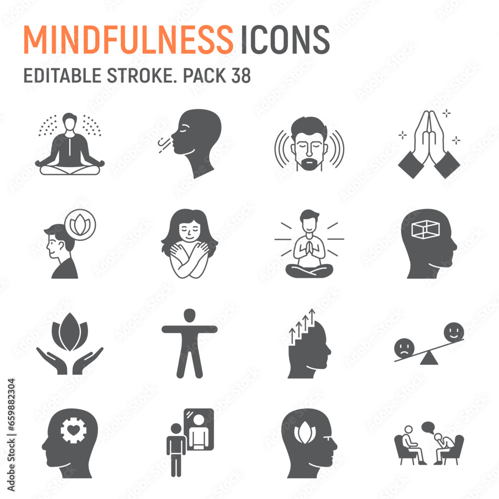 Vecteur Stock Mindfulness glyph icon set, meditation collection, vector ...