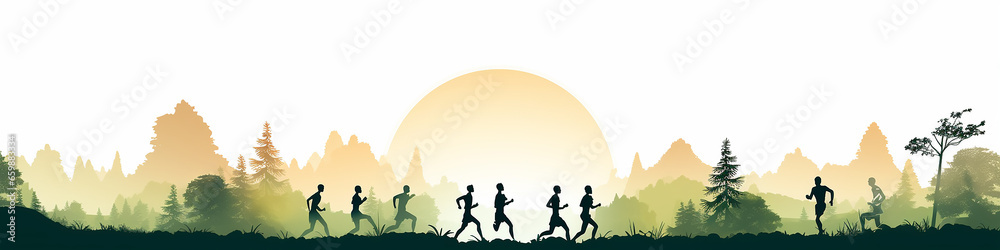 marathon, runners running in nature drawing flat graphics background ...