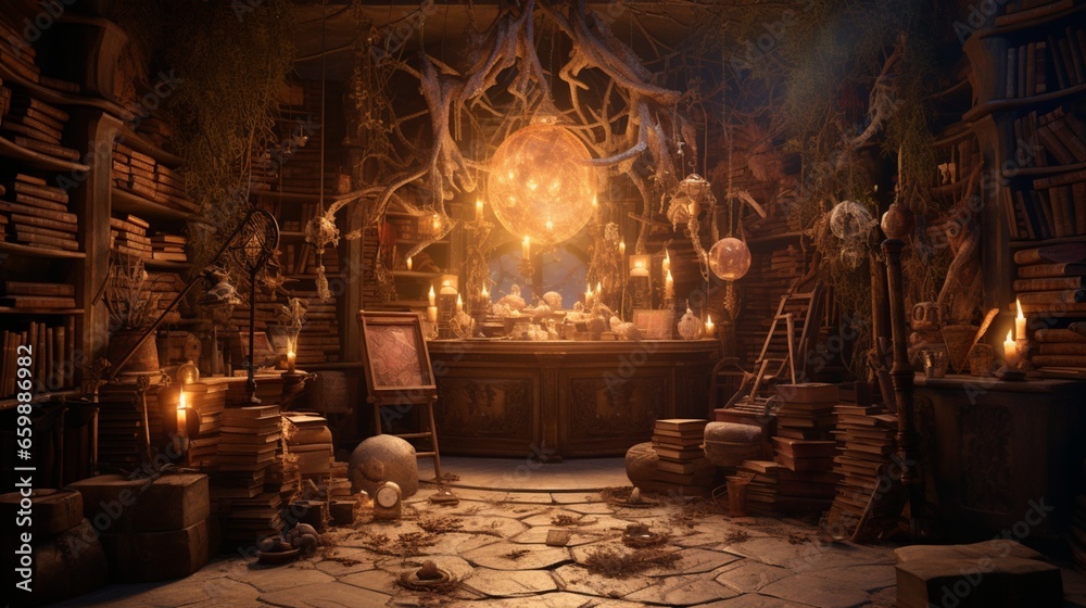 the room into a magical wizard's lair with spellbooks, potion bottles ...