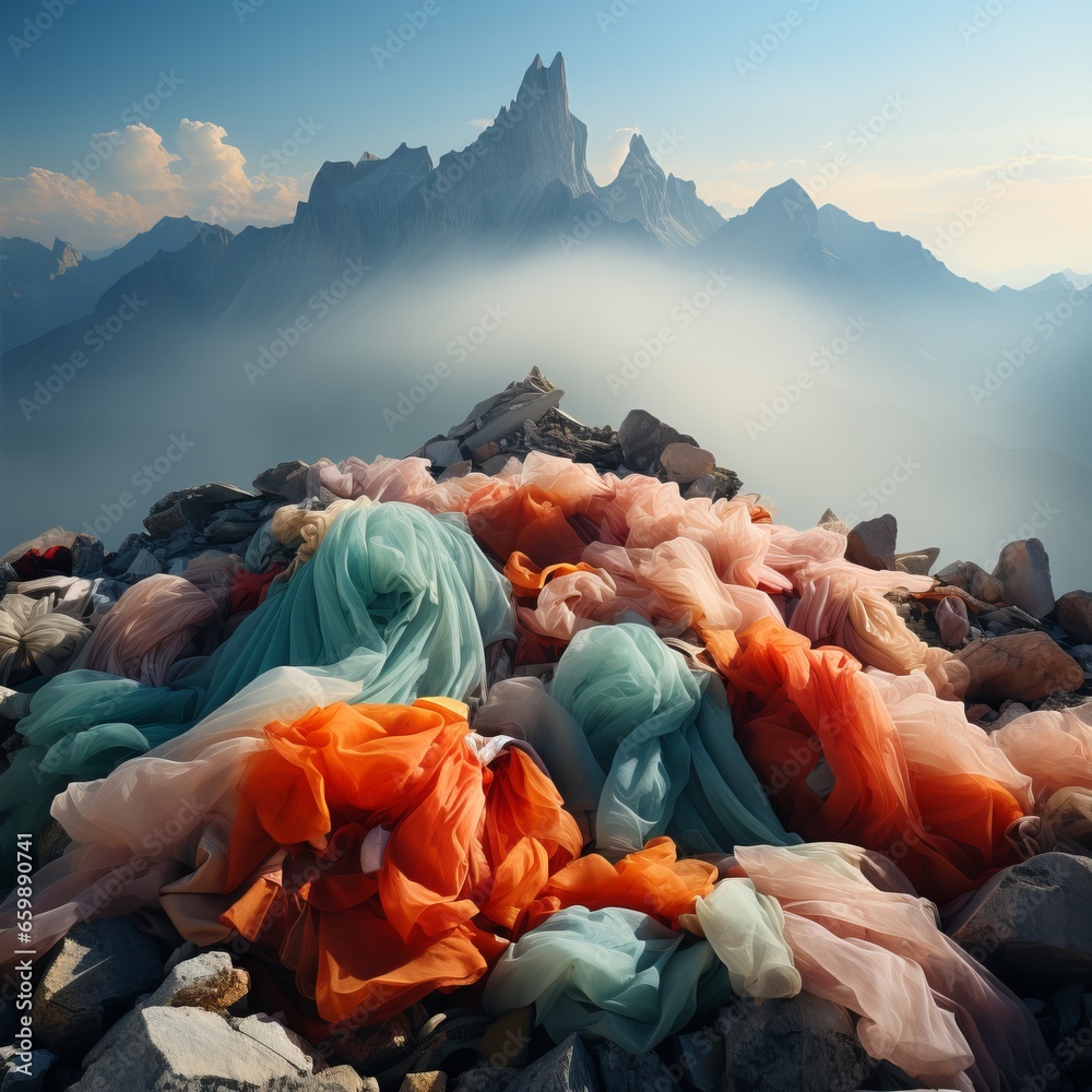 mountain of discarded clothes, textile waste, consumption problems and ...