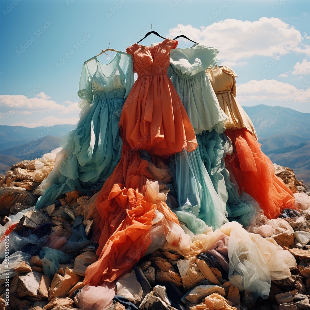 mountain of discarded clothes, textile waste, consumption problems and ...