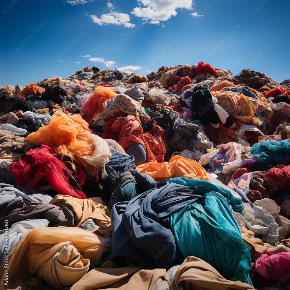 mountain of discarded clothes, textile waste, consumption problems and ...
