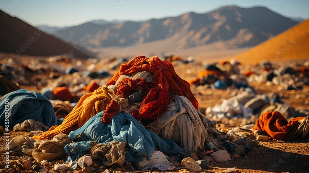 mountain of discarded clothes, textile waste, consumption problems and ...