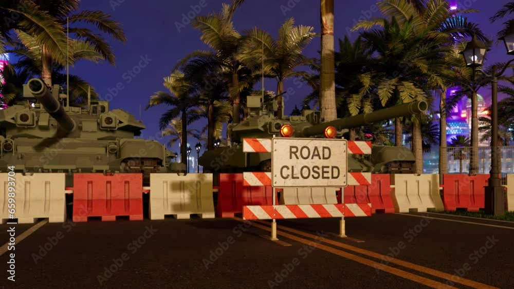 A road into and out of a city completely blocked off by military ...