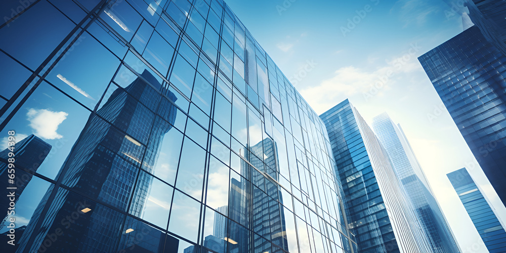 Reflective skyscrapers, business office buildings. Low angle ...