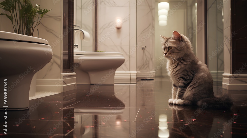 Sad domestic cat sitting on bathroom floor, looking ashamed after ...