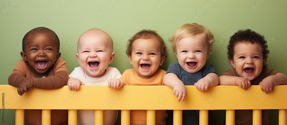 Happy cheerful laughing young baby . With a simple background color for ...
