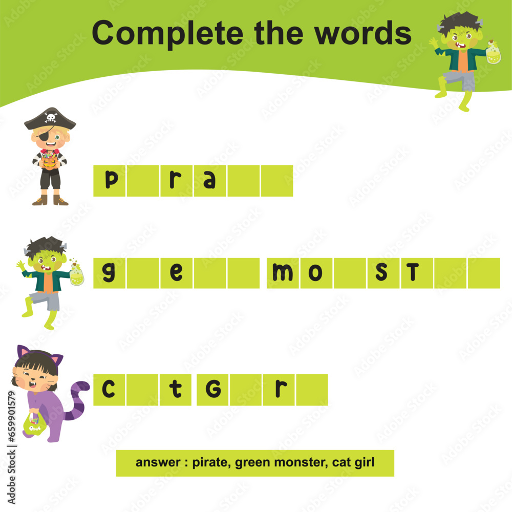 Complete the words worksheet. Write the missing letters and complete ...