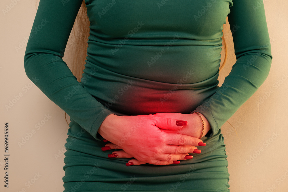 Menstrual pain, woman with stomachache suffering from pms ...