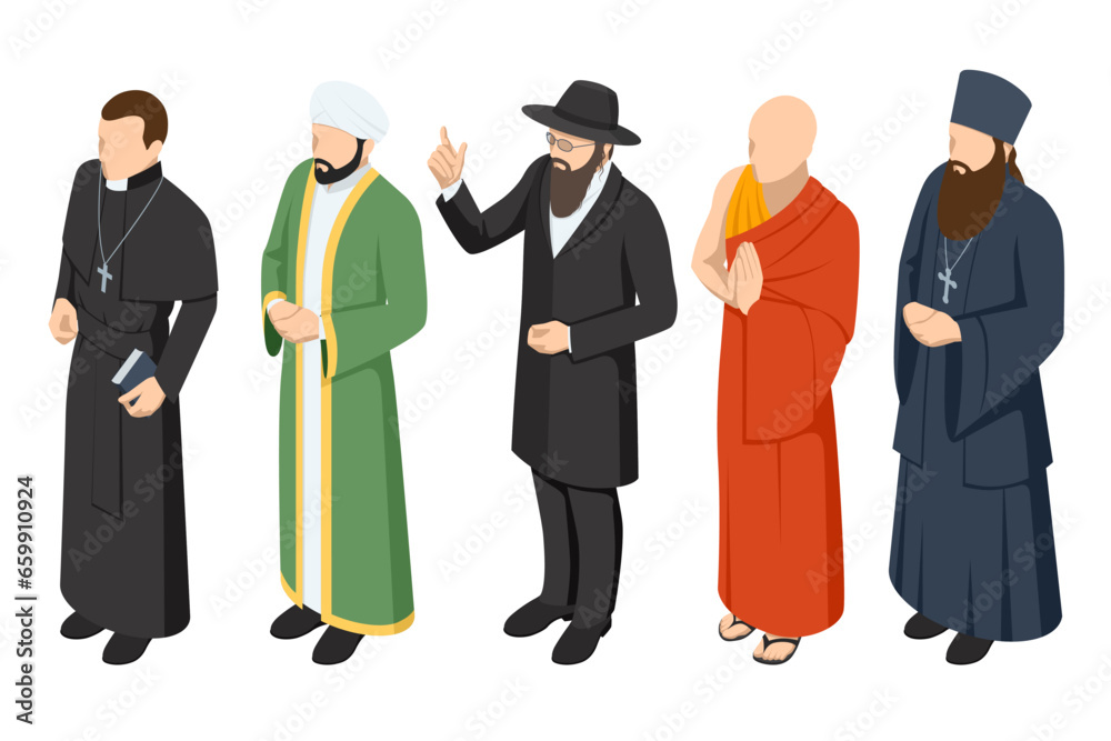 Isometric Set of religion people. Catholic Priest, buddhist monk ...