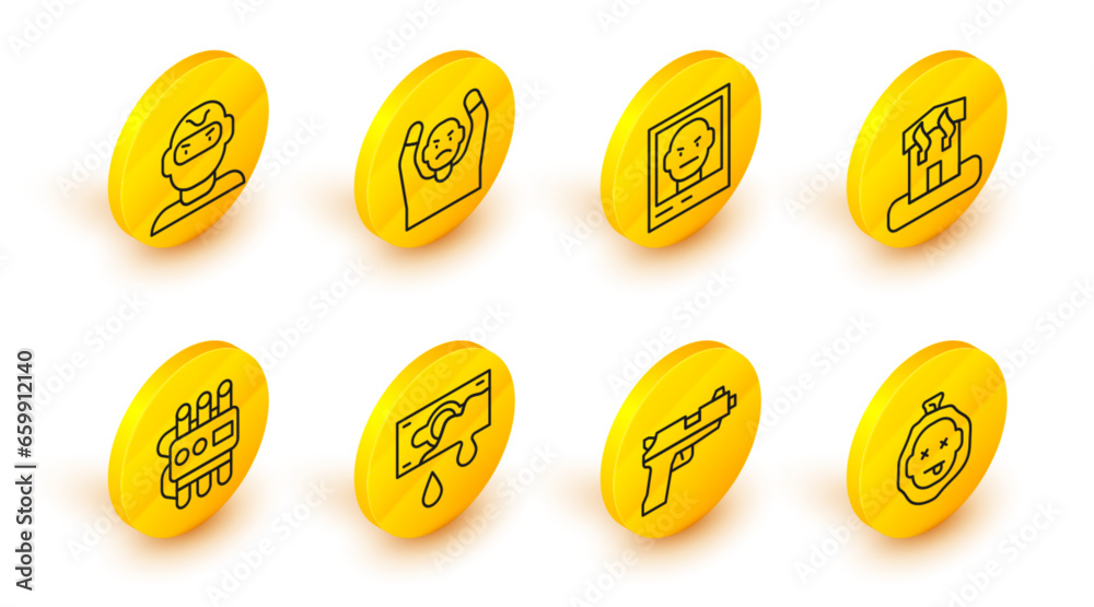 Set line Murder, Pistol or gun, Bloody money, Dynamite and timer clock ...