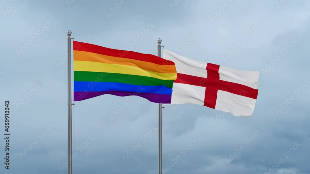 England Flag And LGBT Movement Also Gay Pride Flag Waving Together On