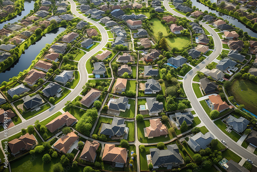 An aerial view shows a gated community in a suburban area, with uniform ...