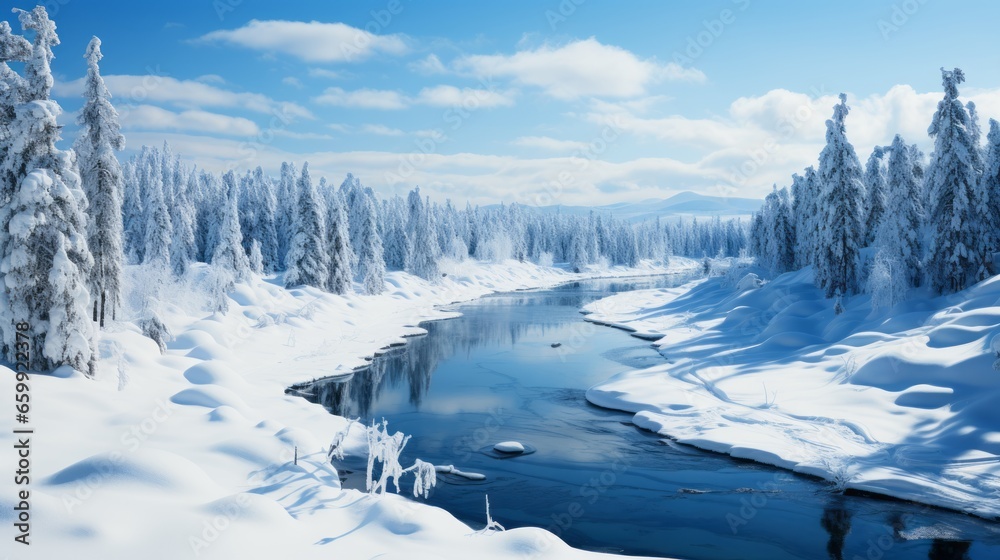 Melting icy river on a beautiful sunny day. Snowy winter landscape of a ...