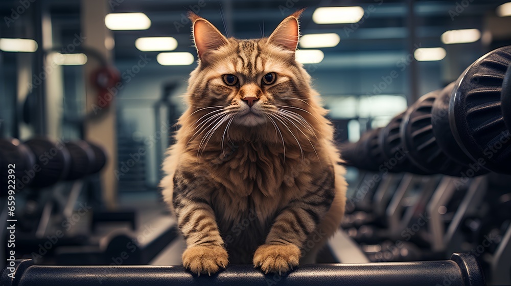 Cat in a gym fitness center, engaging in workout routine. Funny ...