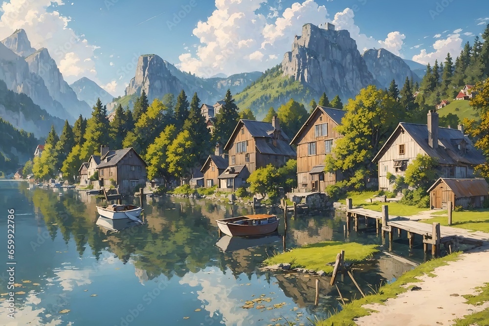 Explore the idyllic beauty of a rustic village nestled by a calm lake ...