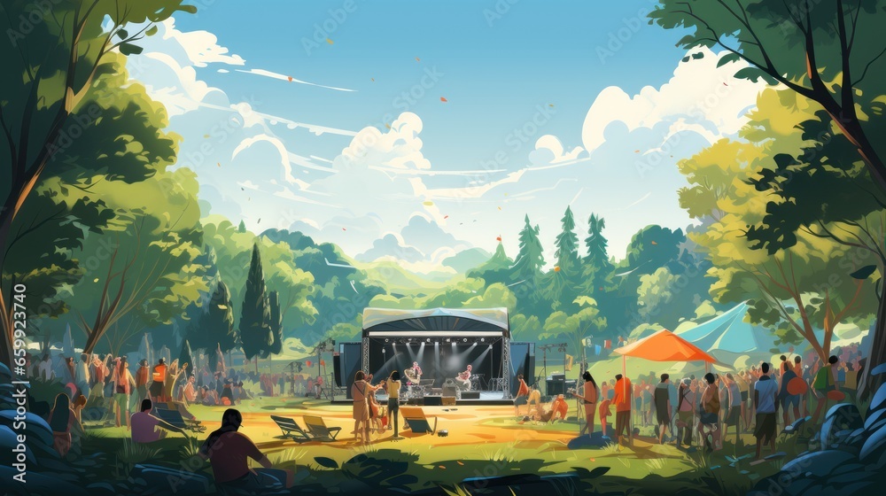 Vector art of music festival Outdoor concert with outdoor stage, live ...