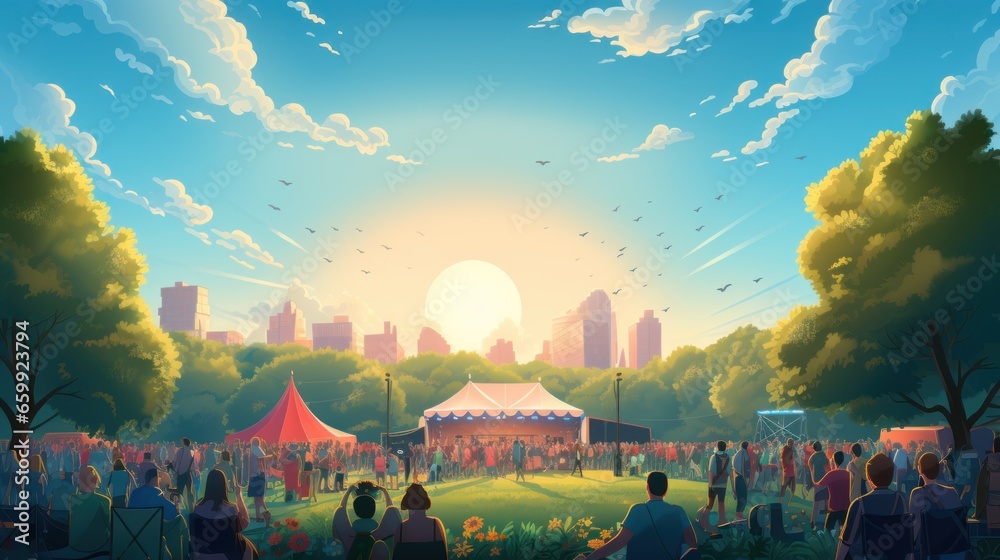Vector art of music festival Outdoor concert with outdoor stage, live ...