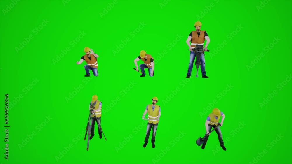 3d green screen construction workers measuring pounding with hammer ...