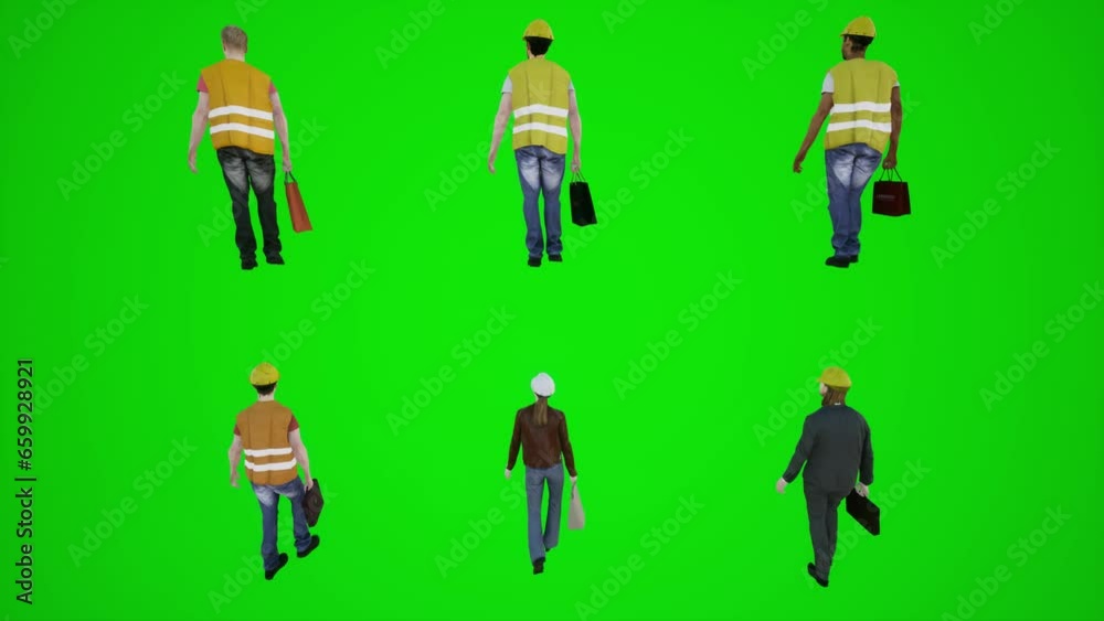 3D animation of workers and engineers walking and shopping in the shops ...