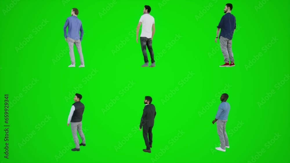 Vidéo Stock 3D animation of six men standing on a green screen and ...