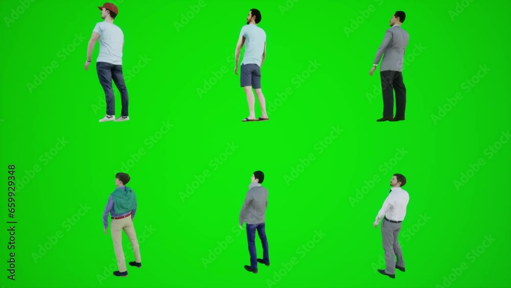 3D animation of six men standing on a green screen and looking at the ...