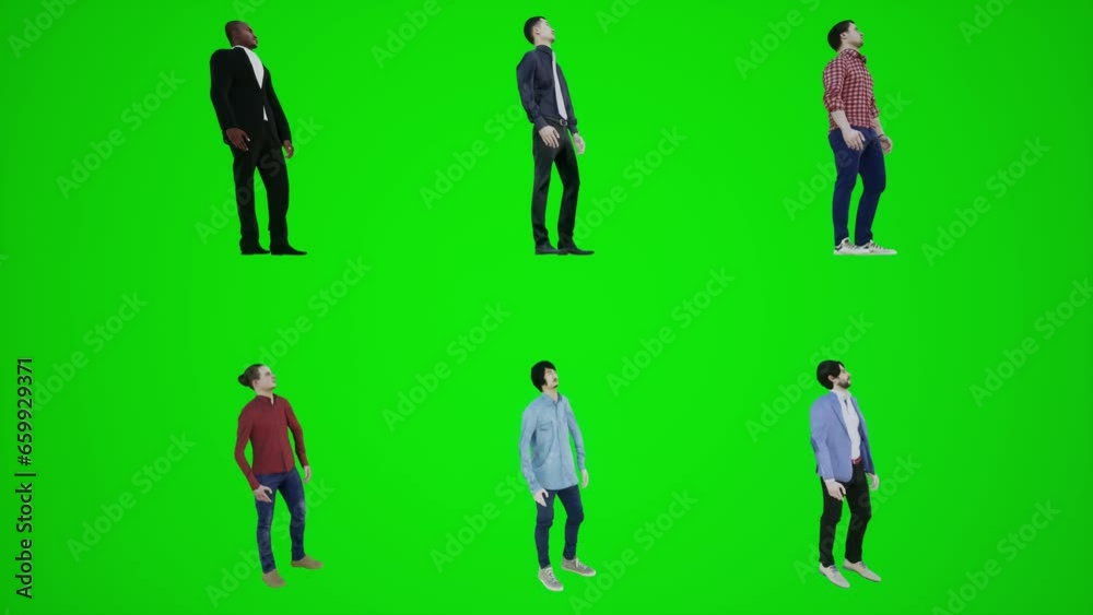 3D animation of six male employees who are standing on a green screen ...