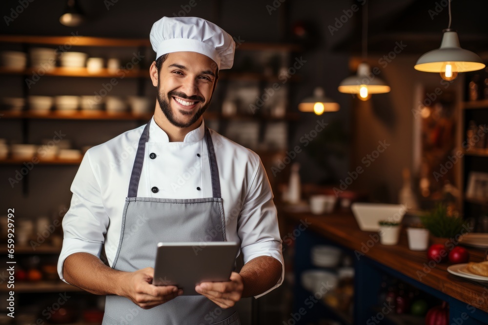 Portrait of young man in white chef's uniform, apron and chef's hat ...